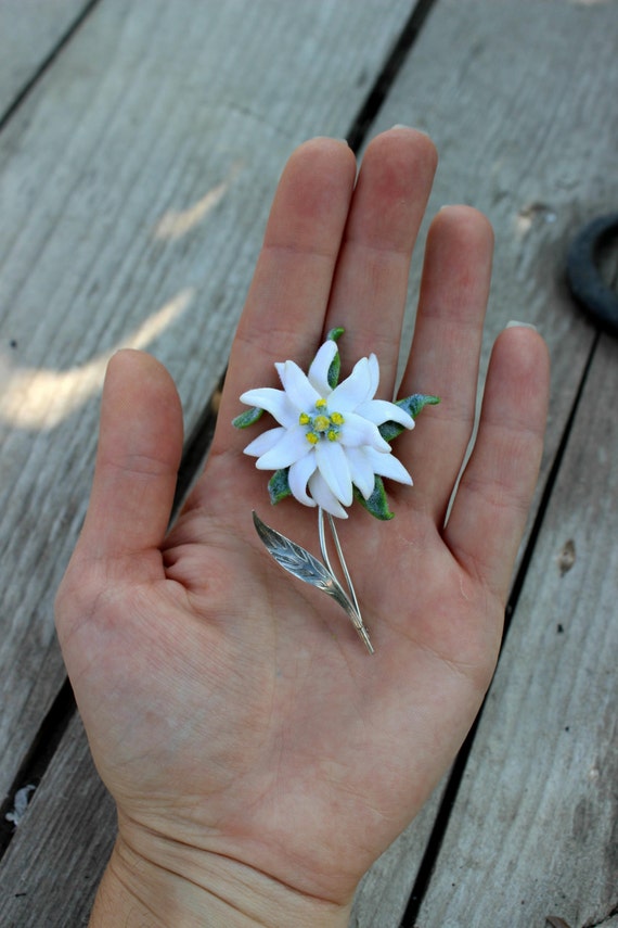 Edelweiss jewelry OOAK brooch made of polymer clay and