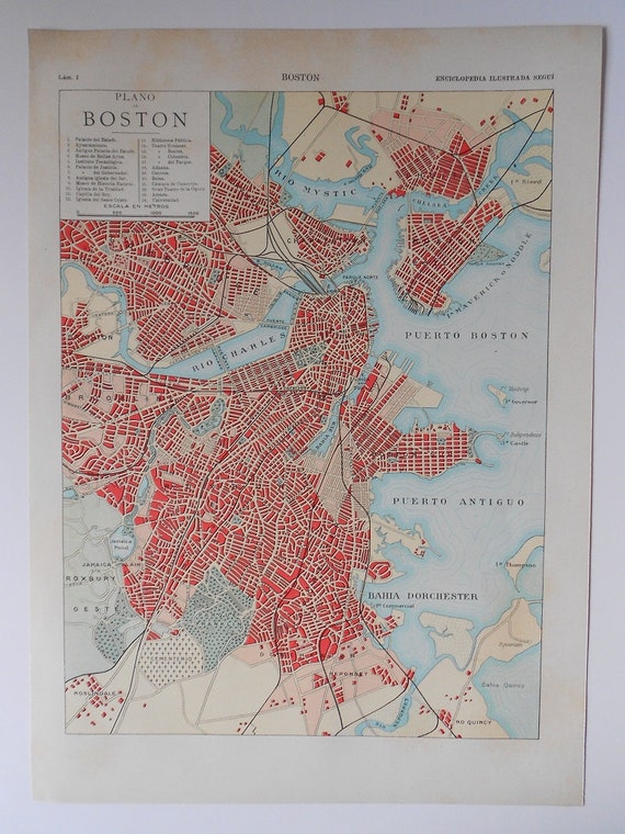 1900 BOSTON Original City Map Antique fine lithograph.