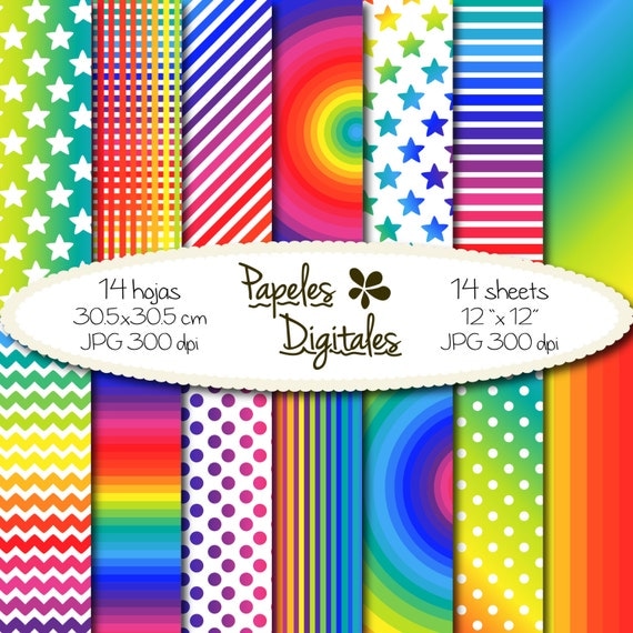 Rainbow Digital Papers Colorful Bright Colors Digital