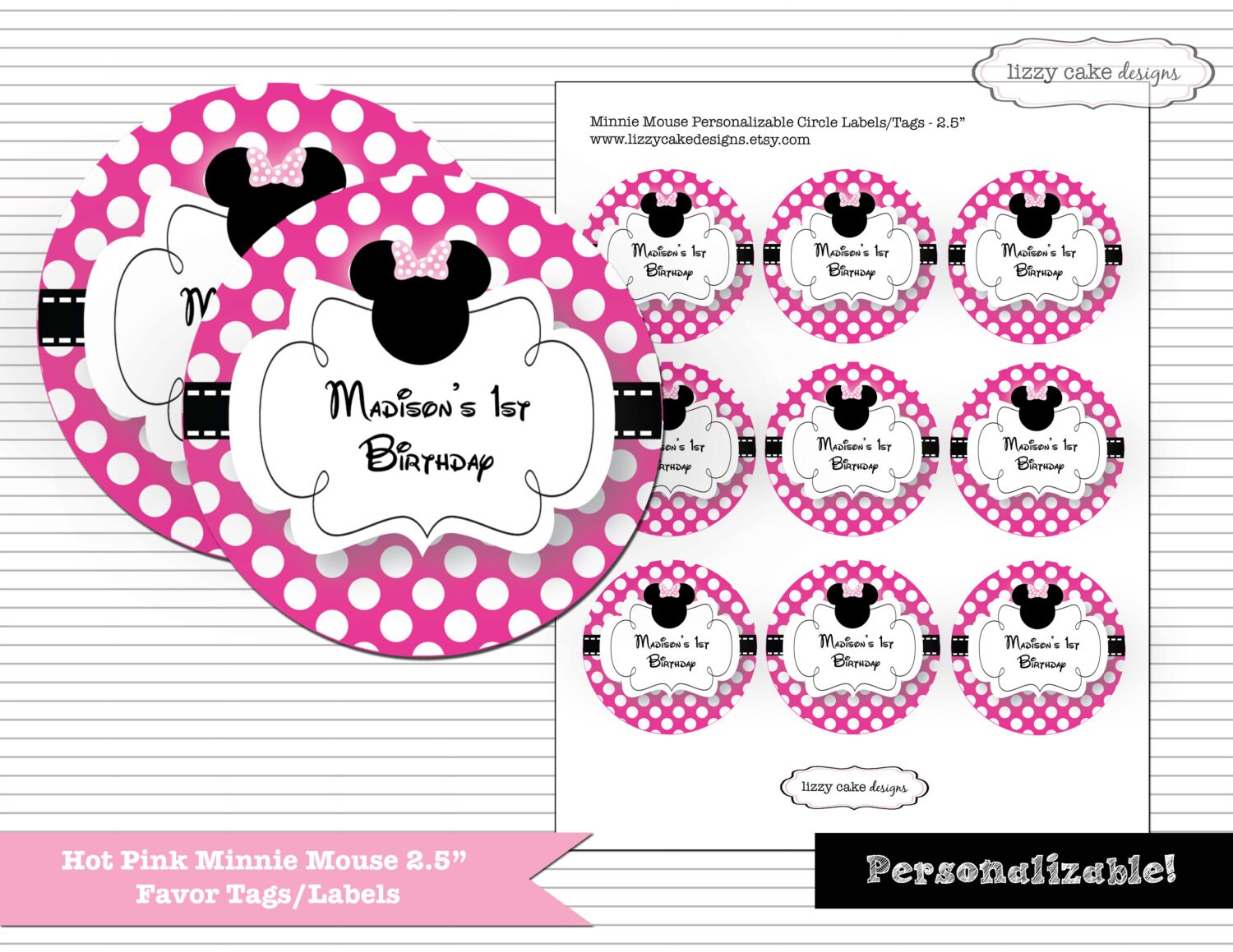 Hot Pink Minnie Mouse Favor Tag Labels Circles 2.5