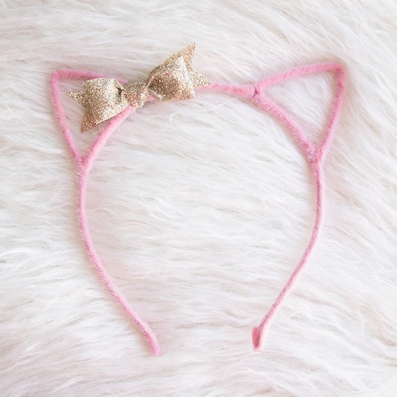 Soft Pink Kitty Ear Headband With Gold Sparkly Bow