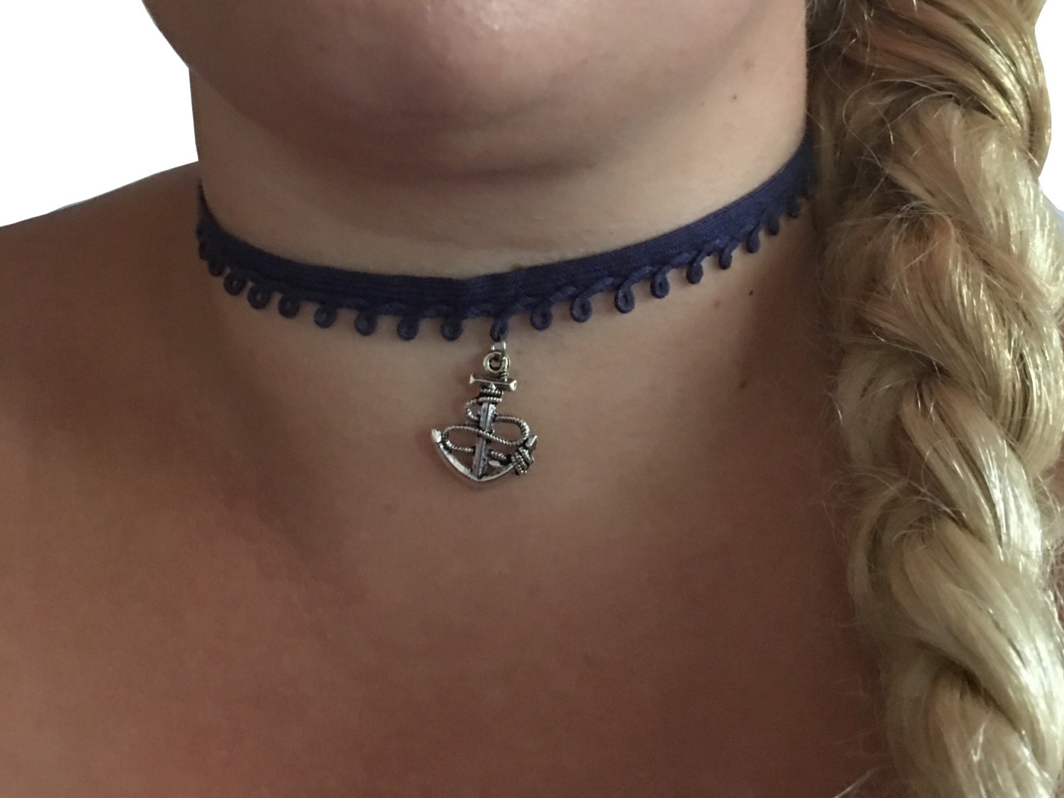 Navy Sailor Anchor Charm Lace Choker Necklace 13 inch by TheKeeCo