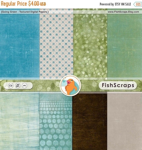 50% SALE Teal Green & Brown Textured Digital Papers by FishScraps