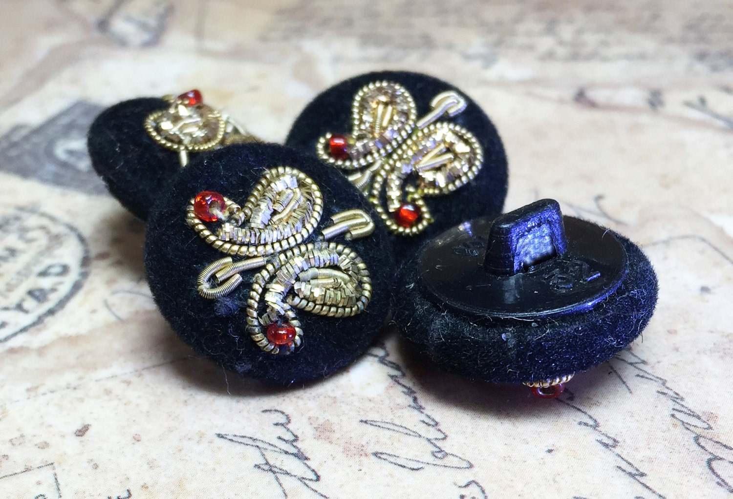 Embroidered Buttons Black Velvet button Metallic