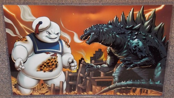 Items similar to Godzilla vs Stay Puft Marshmallow Man Glossy Art Print ...