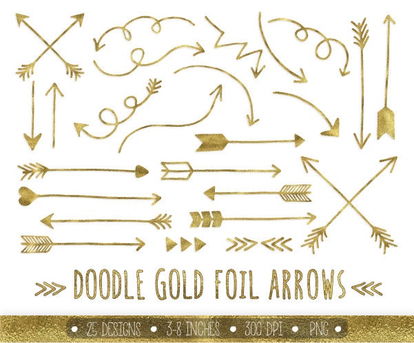 Gold Arrows Clip Art. Hand Drawn Gold Foil Arrows Clipart.