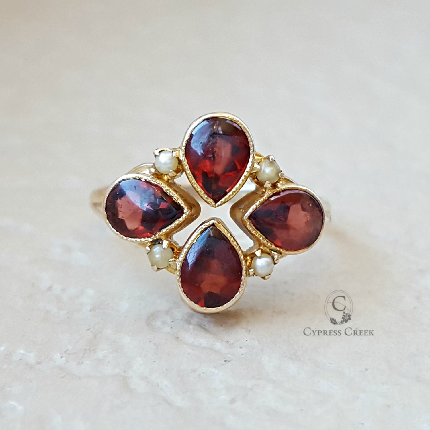 Ostby & Barton Antique Vintage Garnet and Seed Pearl Cluster Ring in ...