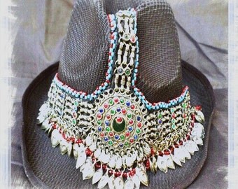 Items similar to Black Woven Fedora Hat with Colorful Tribal Fabric ...