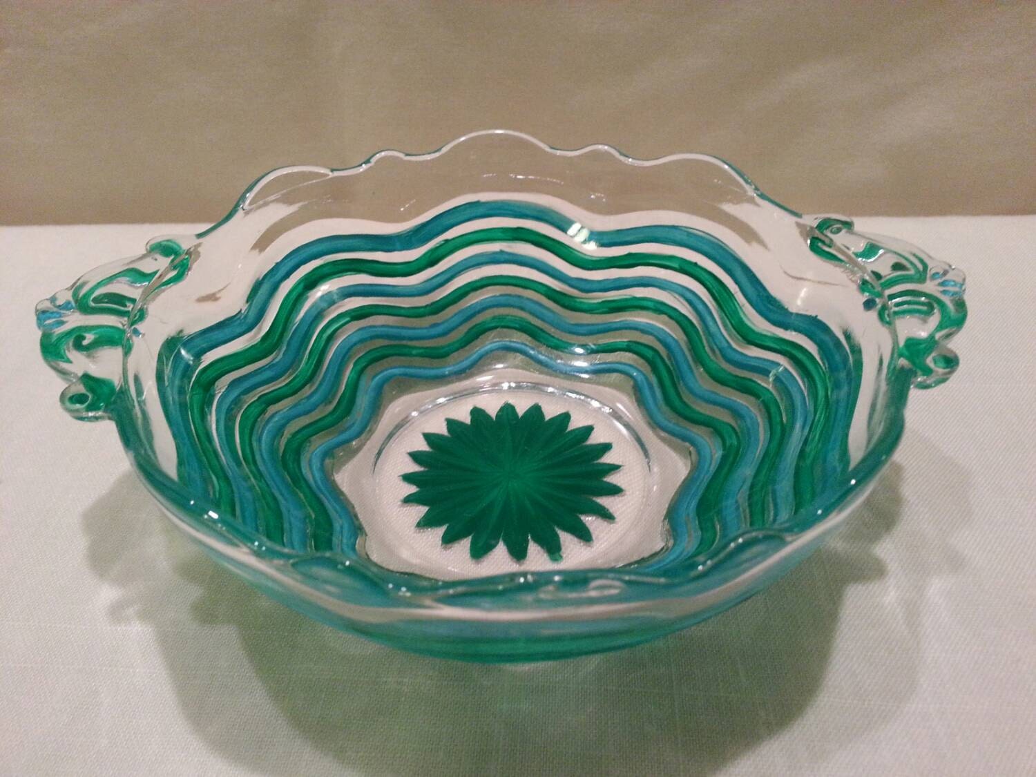 Vintage Blue And Green Wavy Glass Bowl With A Scalloped Edge