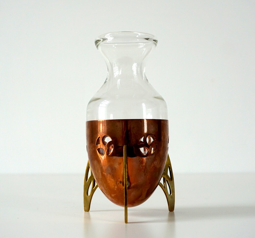 Antique Art Nouveau 'Rocket' Vase Glass Copper