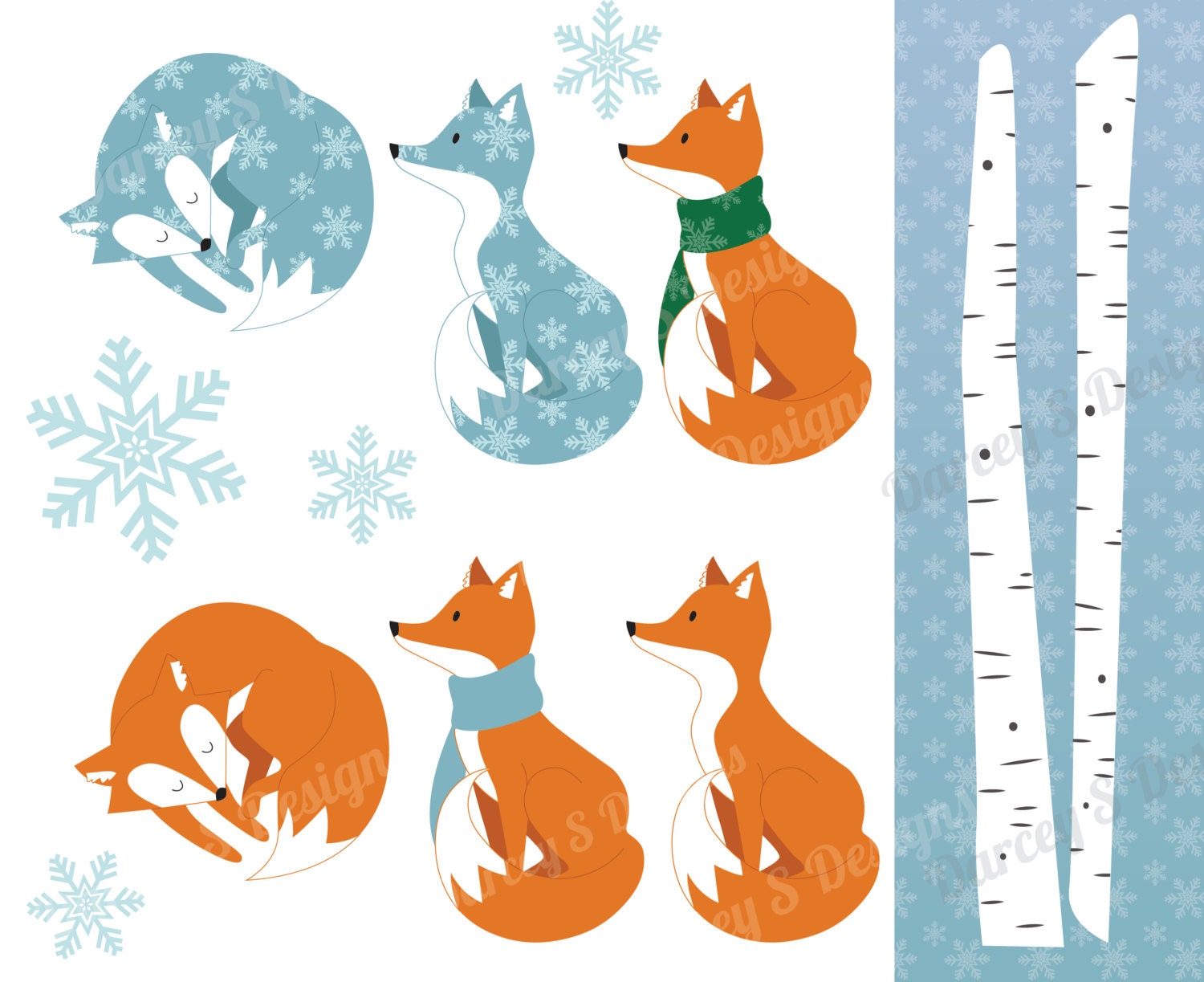 Winter Fox Clipart Set Instant Digital Download