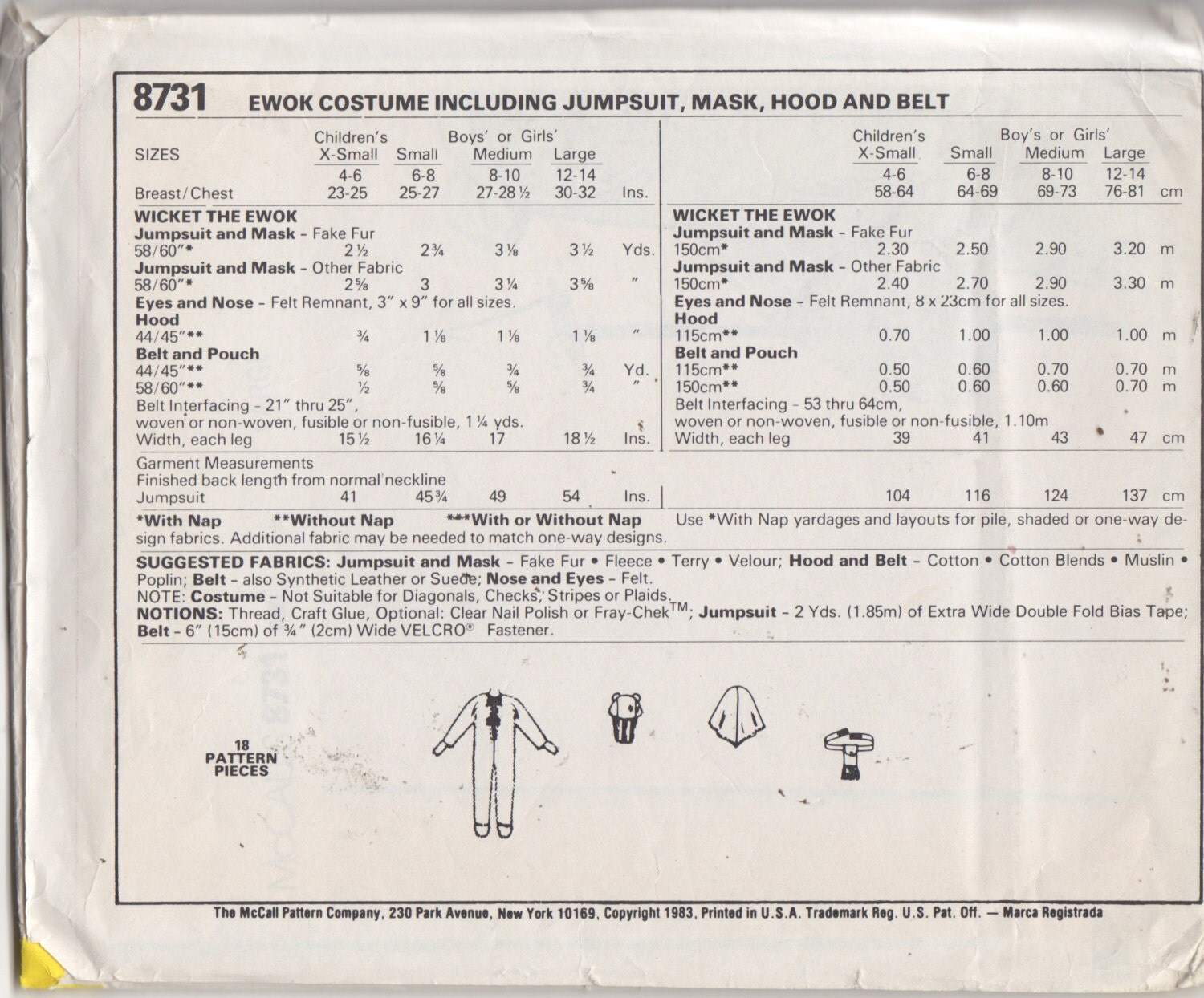 McCalls 8731 1980s Boys Girls Star Wars EWOK Costume Pattern