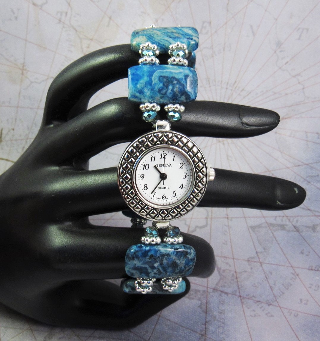 Beaded Bracelet Watch Blue Crazy Lace Agate and by mmojewelry