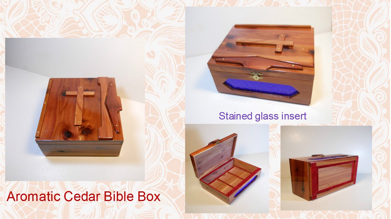 Cedar holy bible box with aromatic interior and stained glass