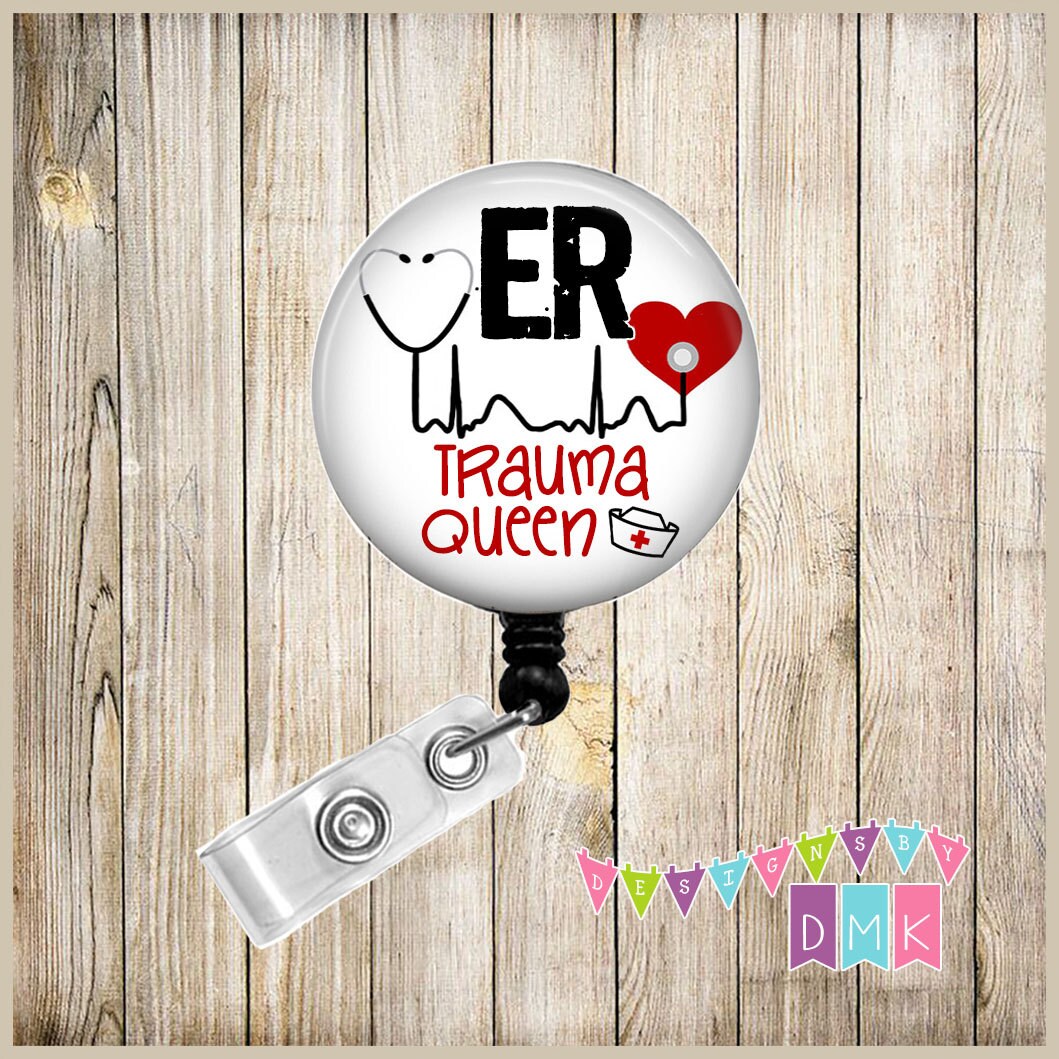 ER Trauma Queen Nurse Cap Stethoscope Button Badge Reel