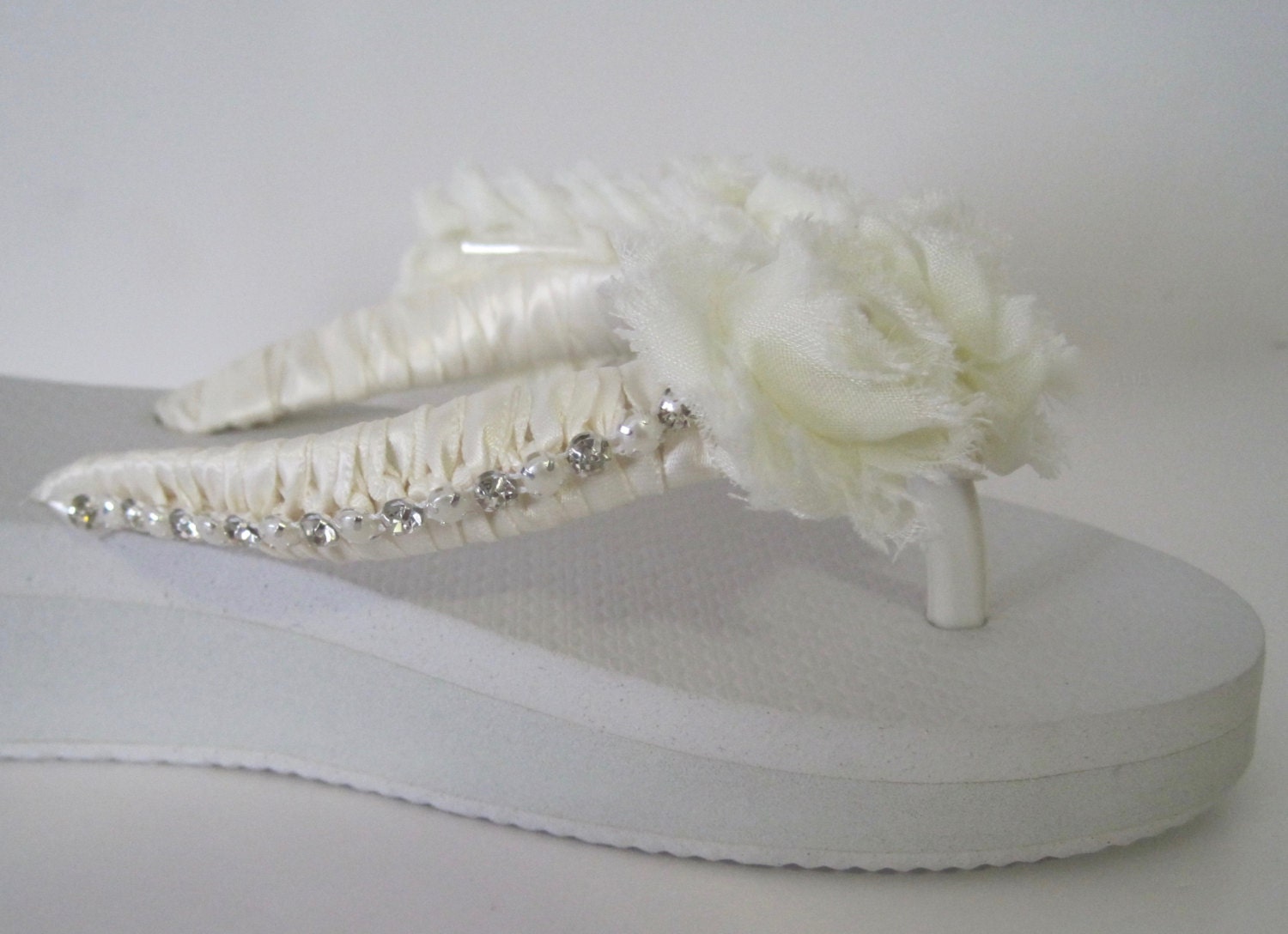 Flip Flops Bridal Wedding Ivory with Chiffon Flowers and Pearl