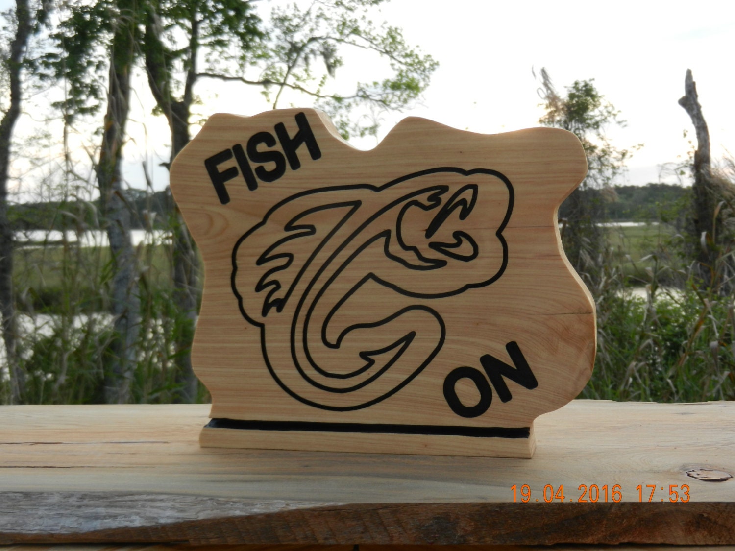 Hand Carved sign on Wood Fish On sign
