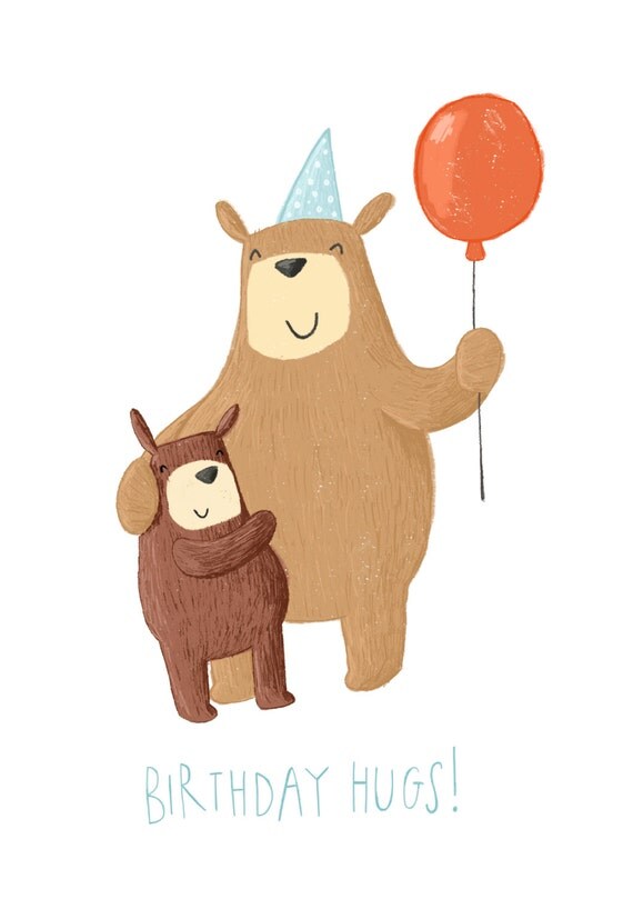 Bear Birthday Hugs Greetings Card Cute Bear Card by BeckyDown