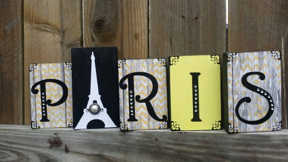 Items similar to Paris Shabby Eiffel Tower Black Yellow Chevron Wood ...