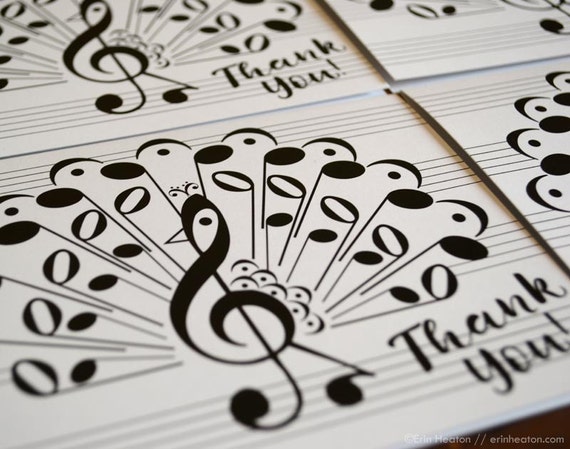 Music note THANK YOU card / PEACOCK music note card / Thank