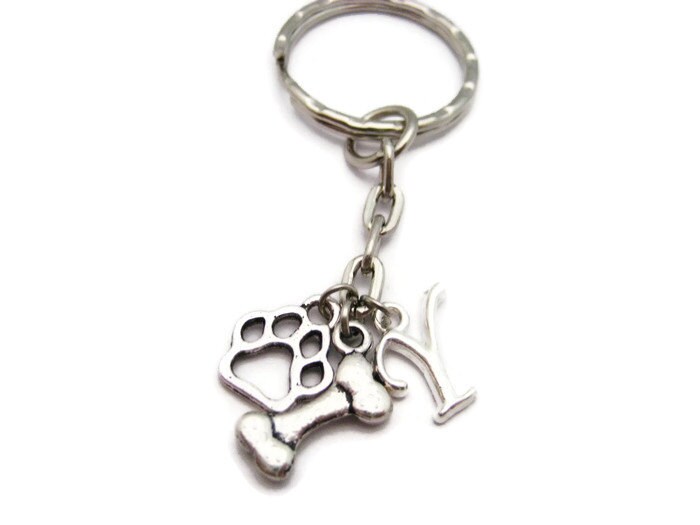 Dog Bone Keychain Dog Initial Paw Keychain Dog by RevelryJewelry