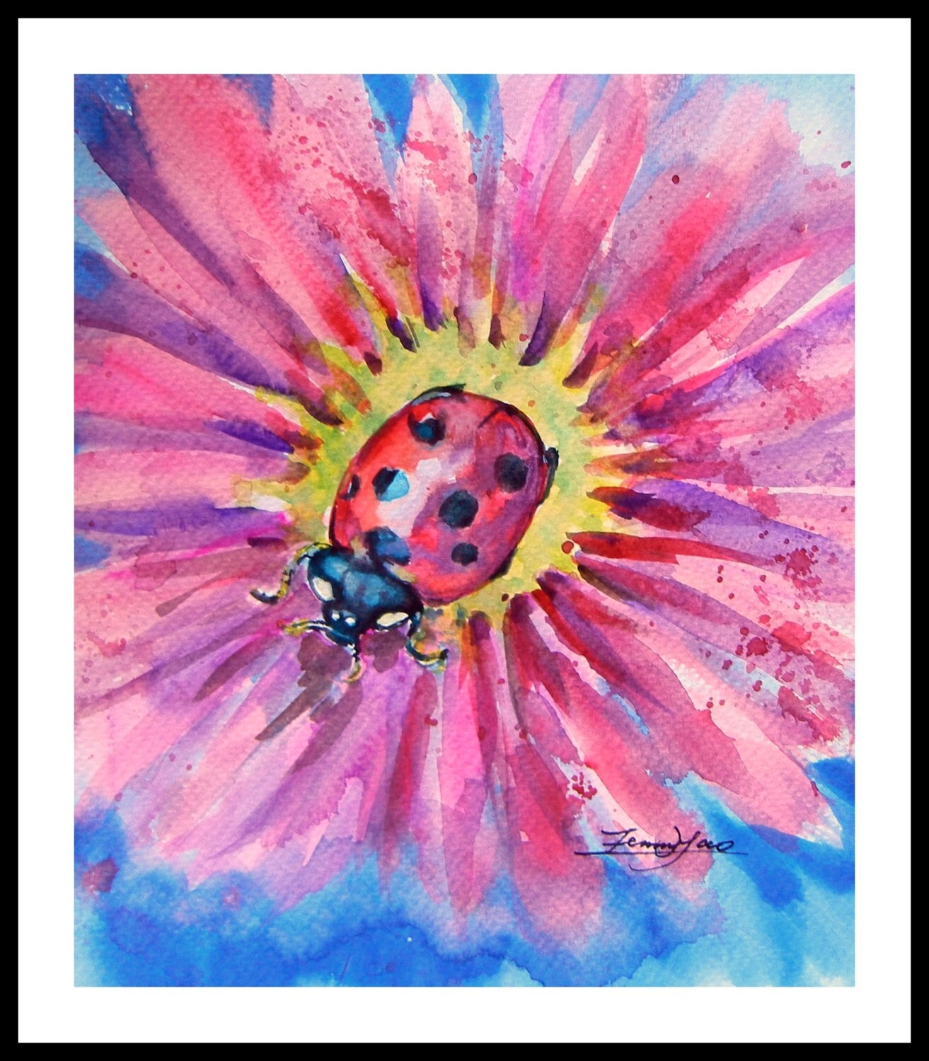 Original Water Color painting Insect Ladybug with red flower