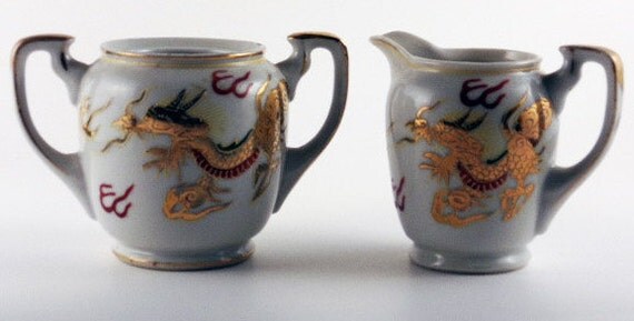Sunray Dragonware CreamerSugar Bowl and Tea Plates