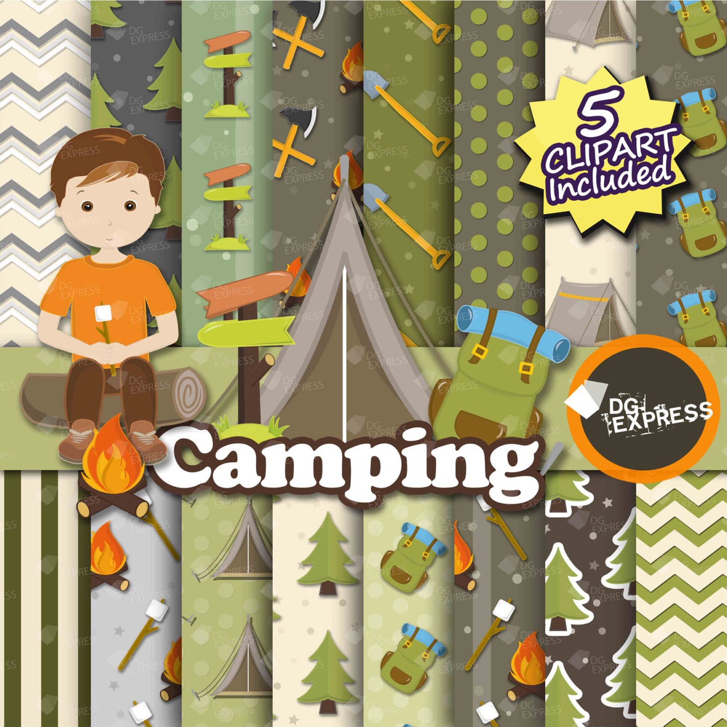 Camping Digital Paper Clipart : Camping Digital