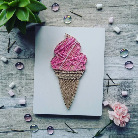 Pink Ice Cream Cone String Art Handmade Unique by DeeisforDaisy
