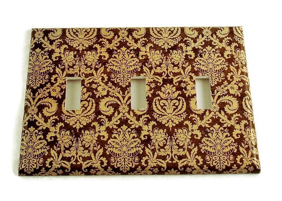 Triple Toggle Switch Plate in Brown and Cream Damask 221T
