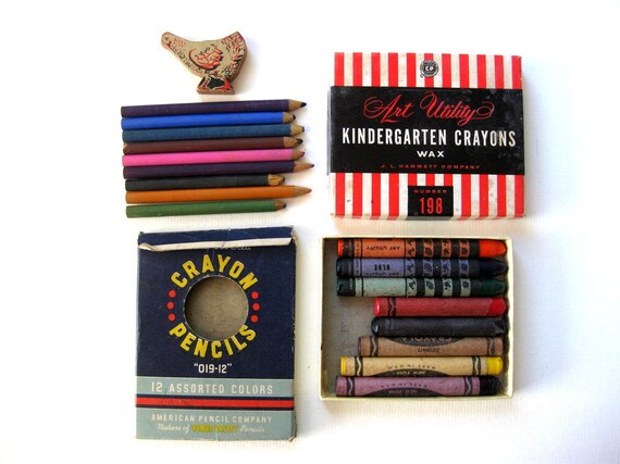 Vintage School Crayons in Box Wood Pencils in Box Set of Two