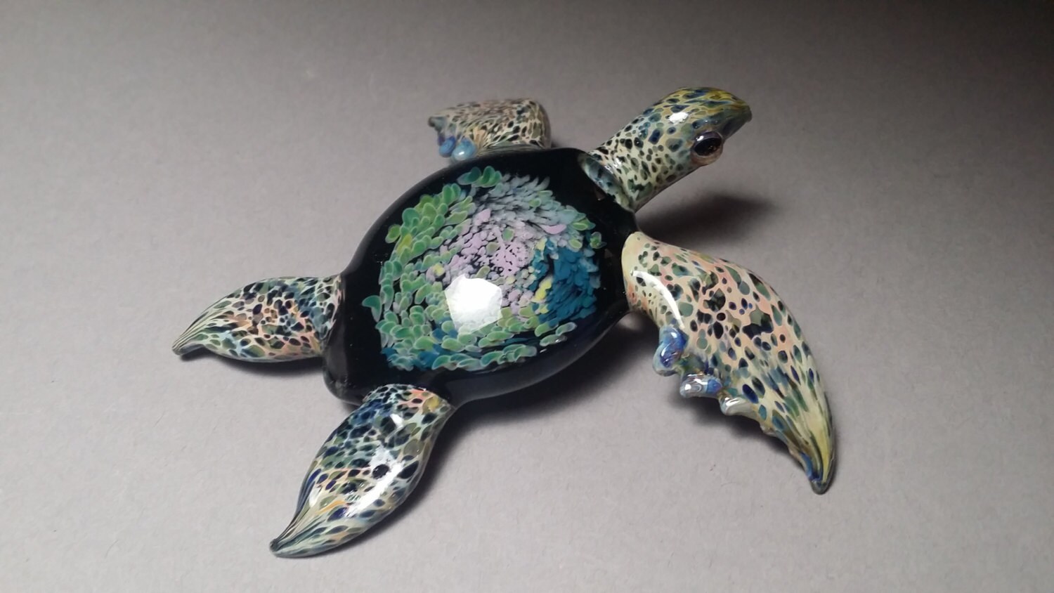 Glass Sculpture Sea Turtle with Multi colored Turtle Shell