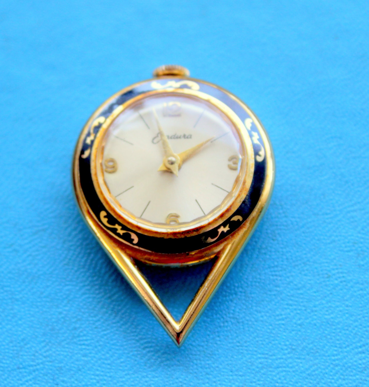 Vintage Endura Pendant Watch Wind Up Gold Black