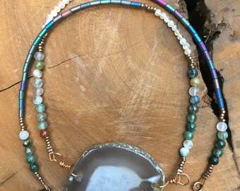 Items similar to Hand Drilled Forest Green Agate Slice Necklace on Etsy