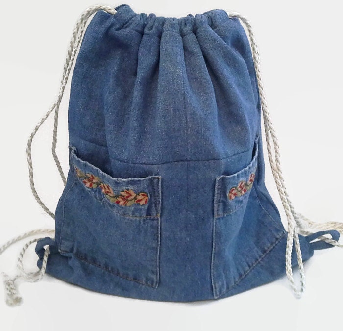 Upcycled Denim Shirt Lined Drawstring Backpack with Two