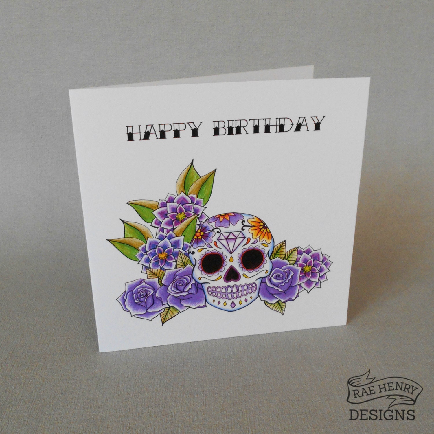 Purple Sugar Skull Birthday Card Tattoo Rockabilly Day of the