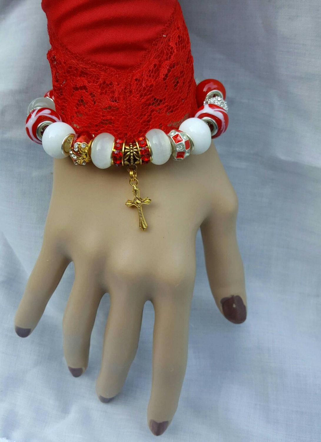 Gold Cross Red and White Inspirational European Style Charm