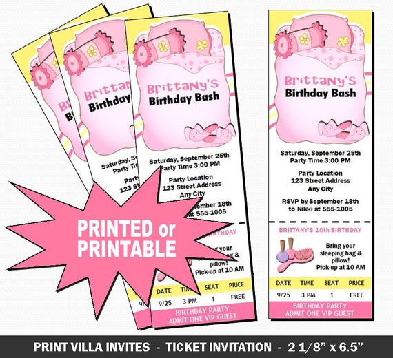 Slumber Party Ticket Invitations Printable by PrintVillaInvites