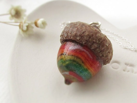 Rainbow Acorn Necklace Real Flower Jewellery by ButtonsyJewellery