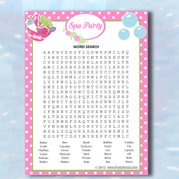Spa Party Word Search Printable PDFs