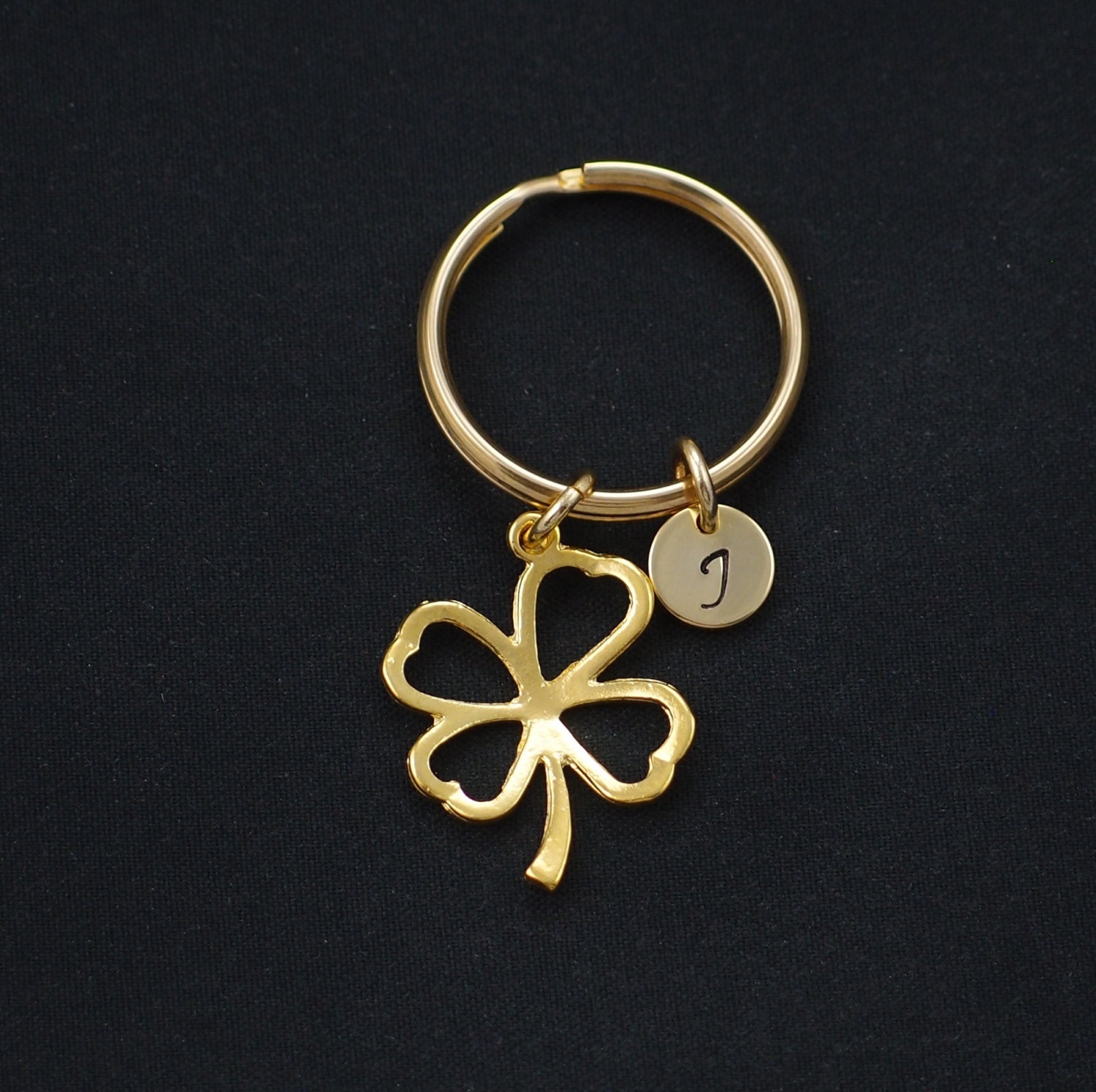 four leaf clover keychain gold filled initial keychain gold