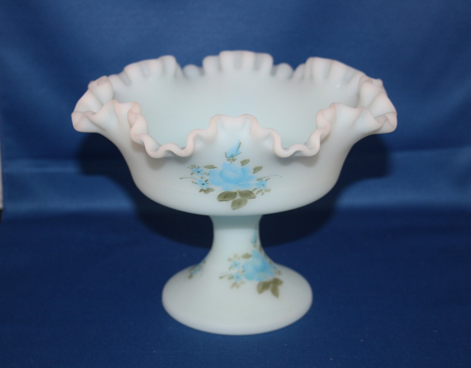 Vintage Fenton Glass Hand Painted Ruffled Blue Satin Footed