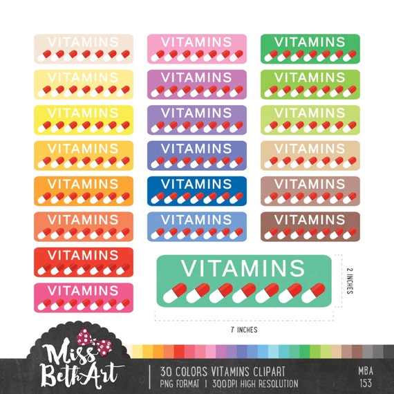 30 Colors Vitamins Clipart Instant Download