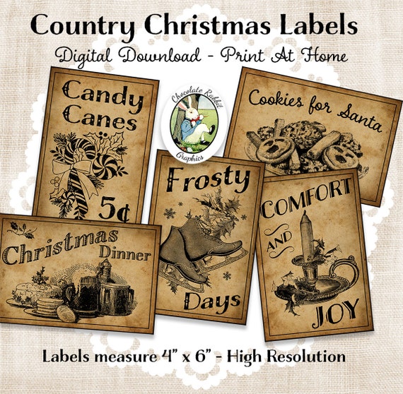 Primitive Country Christmas Labels Digital Download Printable