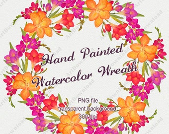 Watercolor flower wreath Digital floral frame Hand painted