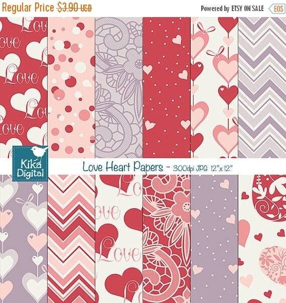 70% SALE Valentines Hearts Digital Papers Valentines by DigiKika