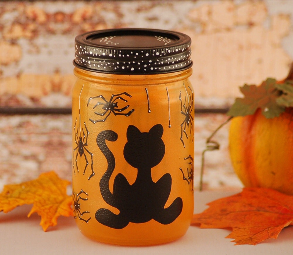 Halloween lighted jar hand painted black cat and by VauVicStudio Halloween lighted jar hand painted black cat and by VauVicStudio