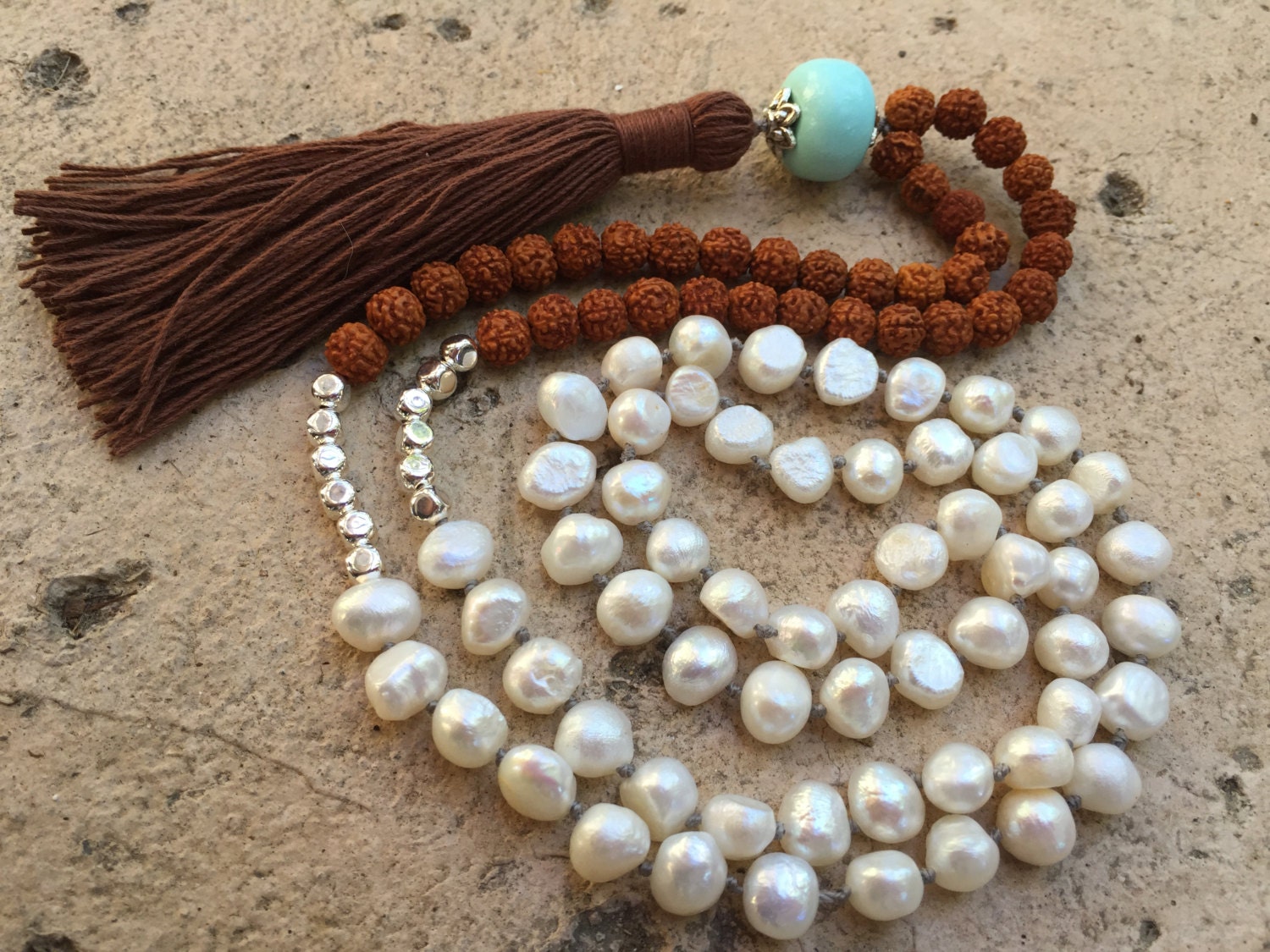 mala 108 mala bead white freshwater pearls Rudraksha seed