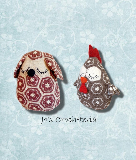 Crochet Pattern African Flower Mia the Dog and Frank the