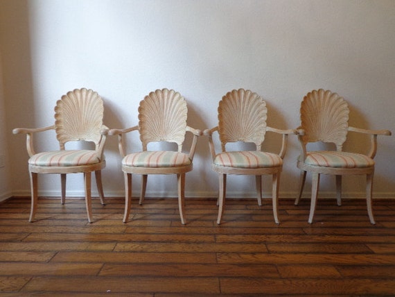 4 Armchairs Italian Carved Wood Seashell Shell Clam Back